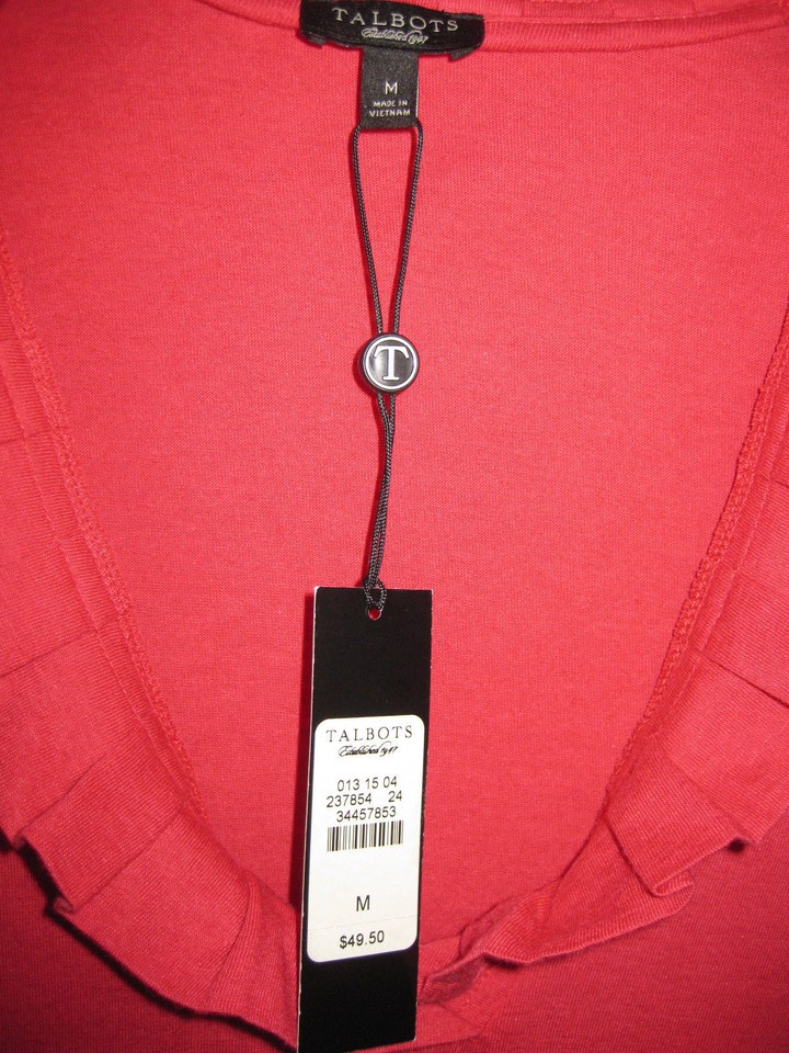 New Women's Sz M Talbots Red 3/4 Sleeve Ruffle Vneck Top Ret. $49.50 | eBay