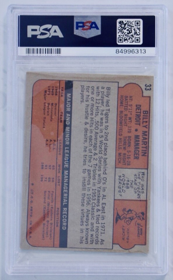 1972 Topps Billy Martin #33 PSA 5 Excellent Detroit Tigers Middle ...