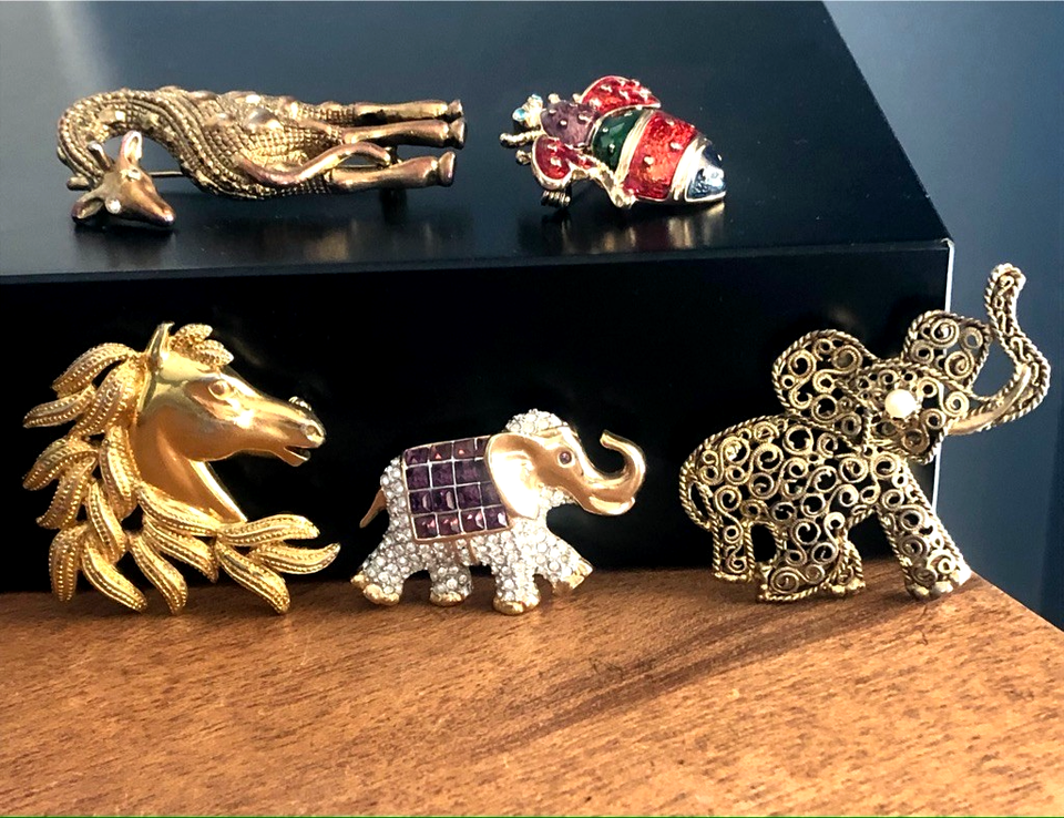 VTG Lot 5 Figural ANIMAL BROOCH / PINS ~ Rhinestone Enamel Filigree ...