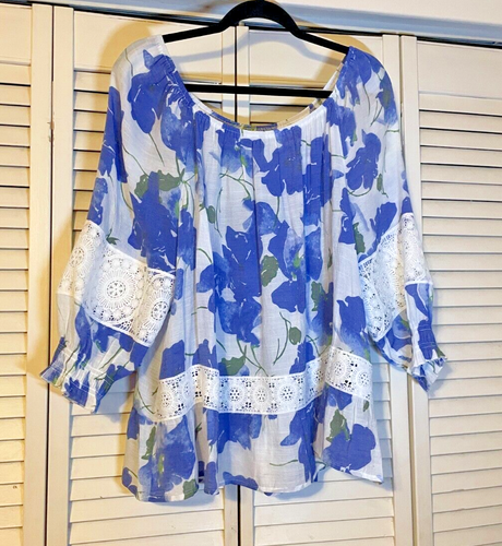 Unique Spectrum Periwinkle White Floral Doily Off Shoulder Top - XL | eBay