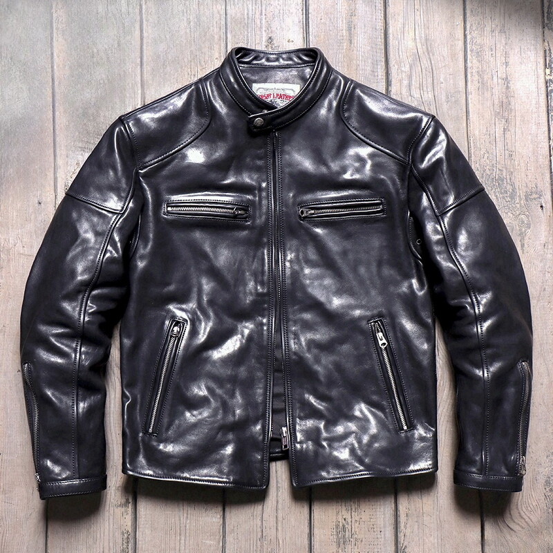 Mens Veg-Tanned Cowhide Calf Leather Biker Motorcycle Jacket Retro ...