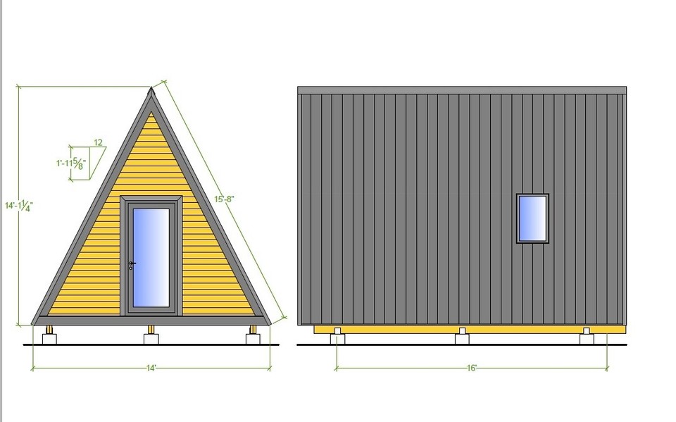 14x18 A Frame Cabin Plan, Two Story Triangular Tiny House Building ...