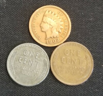 Old US Coin Lot Indian Head, Lincoln Wheat, & Steel Penny Cent 3 Coin ...