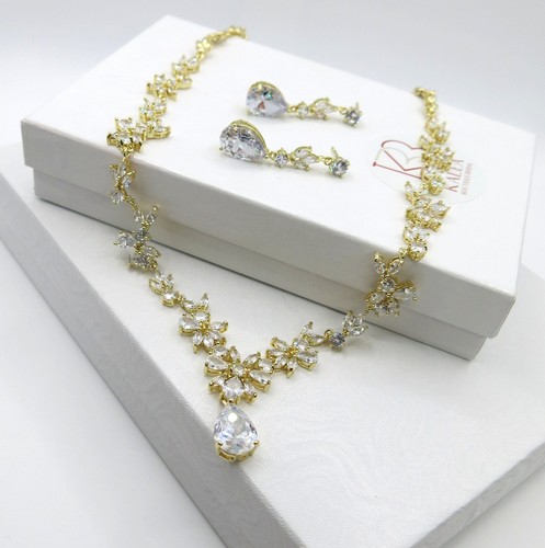 Crystal 3 PC Wedding Jewelry Set, Bridal CZ 14K Gold Plated Necklace ...