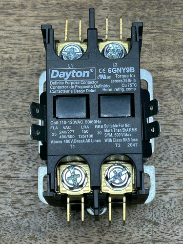 Dayton 6GNY9B ~ 110- 120Vac 50/60Hz~ Definite Purpose Contactor ~2P ...
