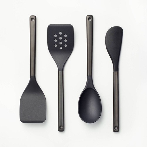 Figmint Silicone Kitchen Utensil Set Black 4pc Steel Cooking Tools ...