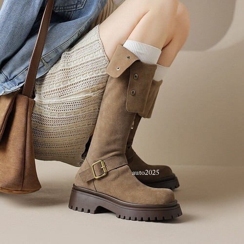 Suede Leather Thick Sole Long Knee High Boots Womens Knight Boots Low ...