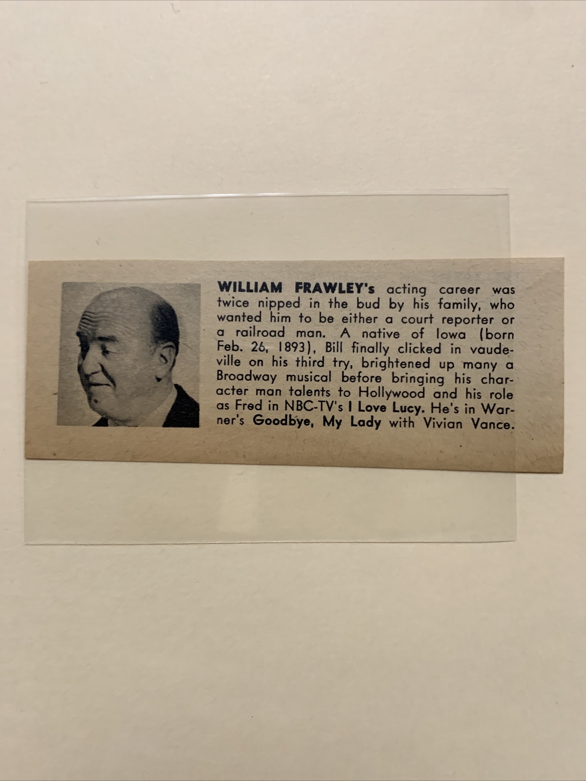 William Frawley I Love Lucy 1956 Hollywood Star Panel | eBay