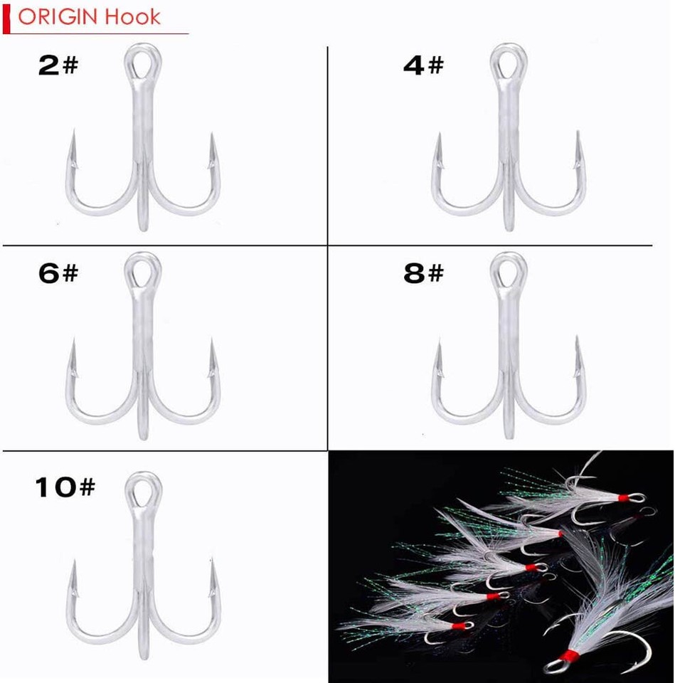 50Pcs 2X Strong Fishing Treble Hooks Dressed 2/4/6/8/10# Tackle White ...