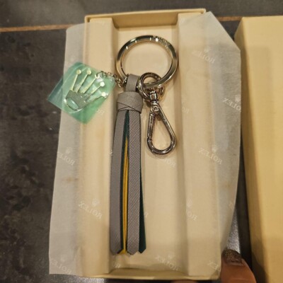 ROLEX Novelty Bag Charm Key Chain Ring Leather Gray Yellow Green W/Box ...
