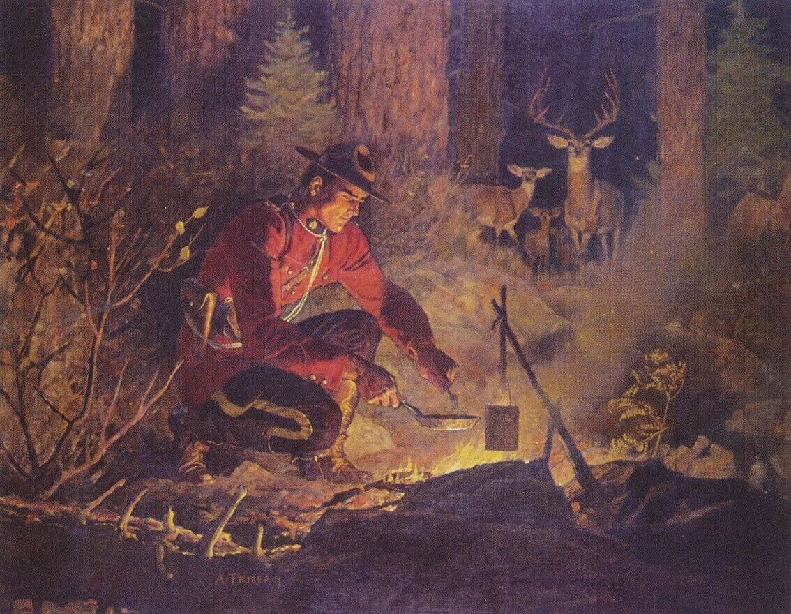 Canadian Mountie Cooking at camp Fire Deer watching by Arnold Friberg ...