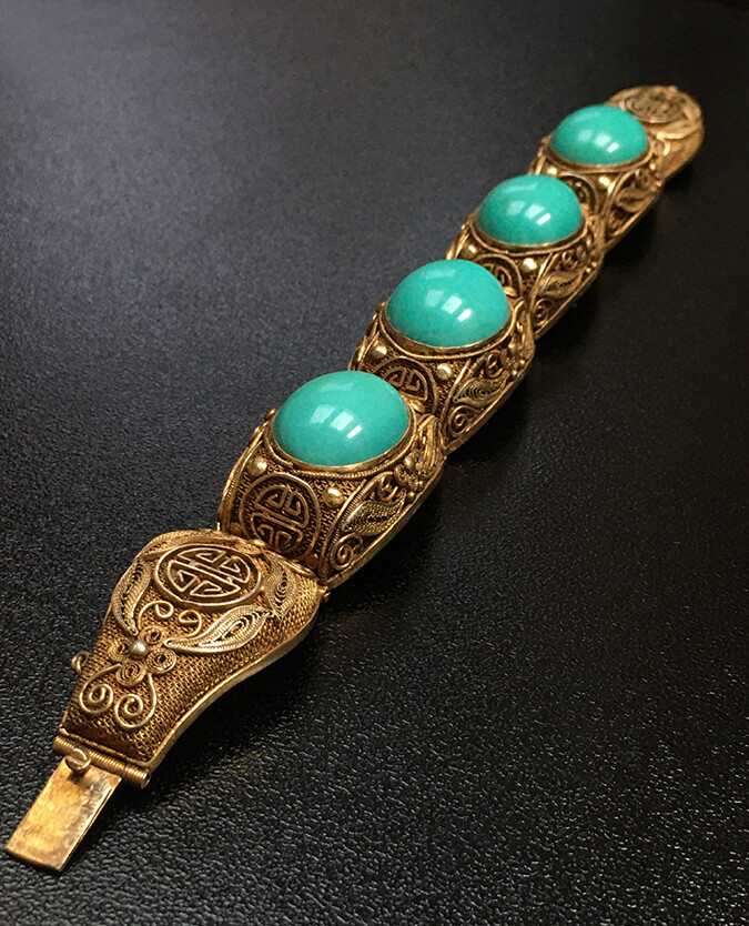 Vintage Chinese Silver Bracelet Gold Gilt Persian Tur… - Gem
