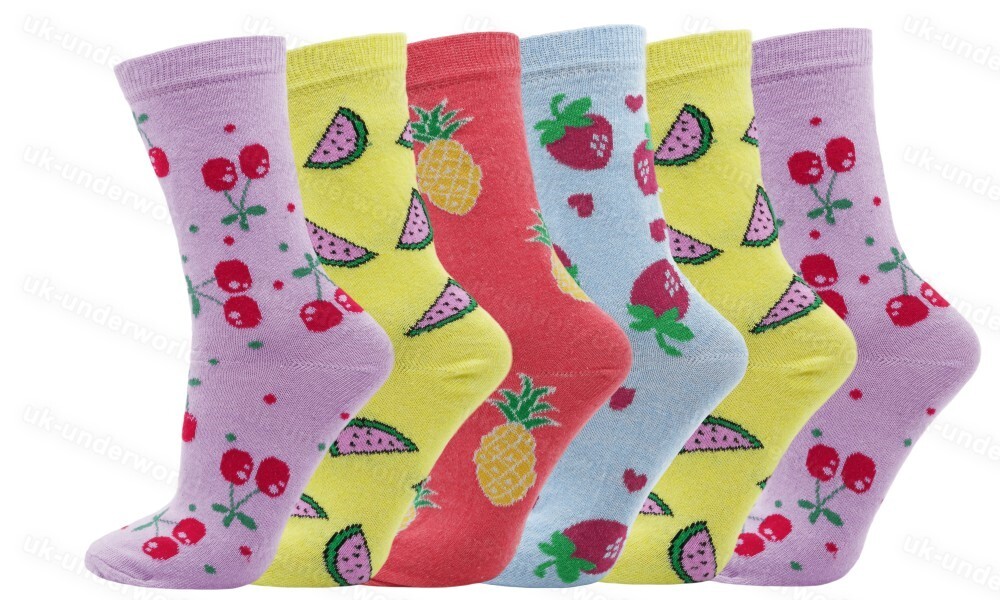 Ladies Womens Socks 6 Pairs Coloured Design Cotton Blend Designer ...
