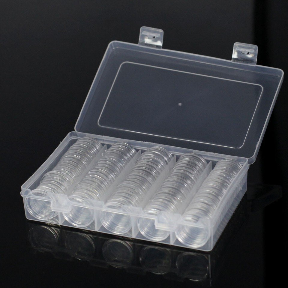 100 Pack 25 mm Coin Capsule Holders w/ Storage Case Direct For US Dime ...