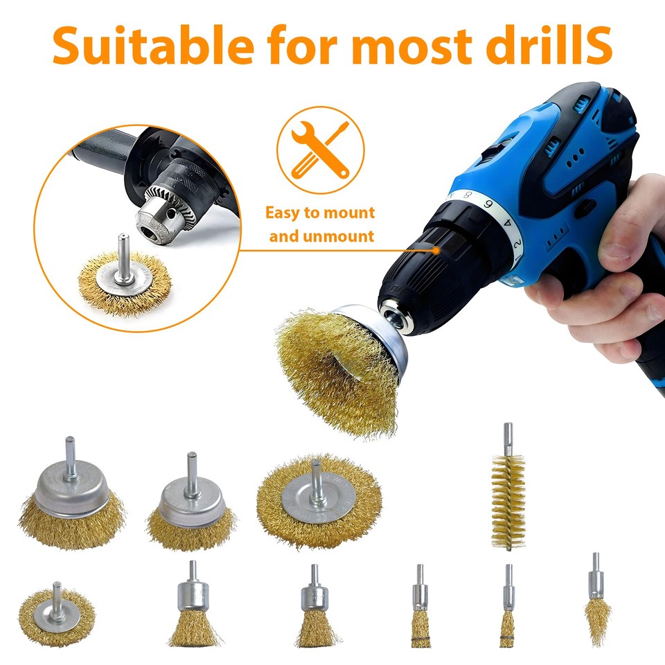10Pcs Brush Drill Attachment Bit Kit Brass Coated Wire Cleaning Wheel ...