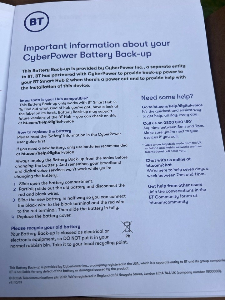 CyberPower Battery Back Up For BT Smart Hub 2 Phone Use In Power Cut ...