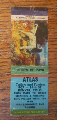 DENVER, COLORADO MATCHBOOK COVER: ATLAS TAILORS & FURRIERS 1940s ...