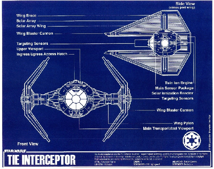 Star Wars Imperial Tie Interceptor Blueprint 11x14 w/Top Loader Display ...
