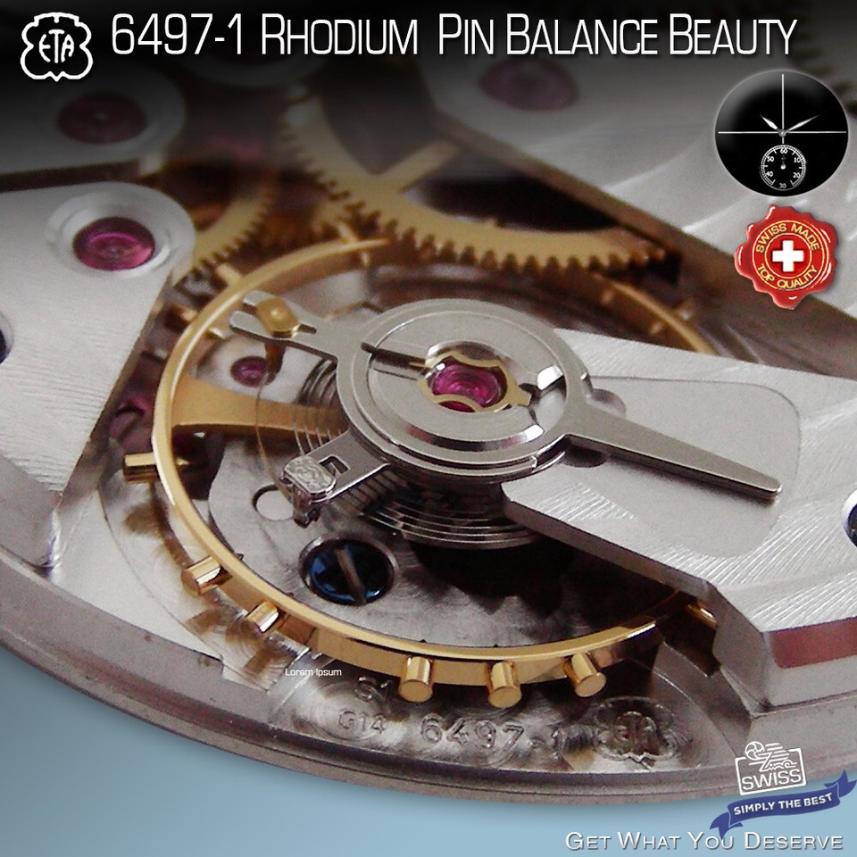 MOVEMENT ETA 6497-1, HIGHEND RHODIUM ELABORE, PIN BALANCE ¾ BRIDGE, 17 ...