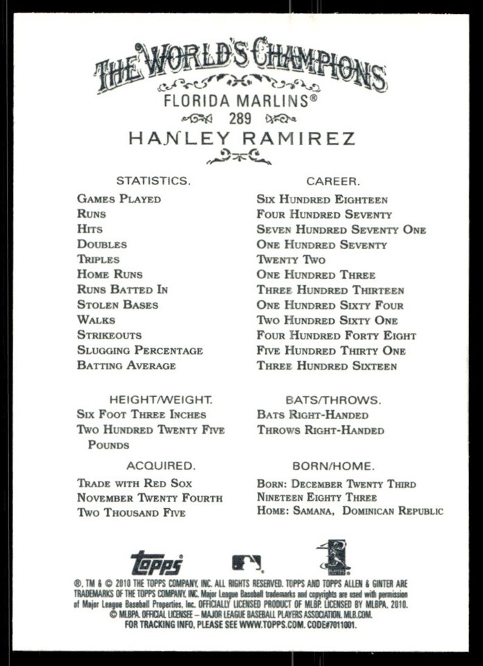 2010 Topps Allen & Ginter Hanley Ramirez G33 #289 | eBay