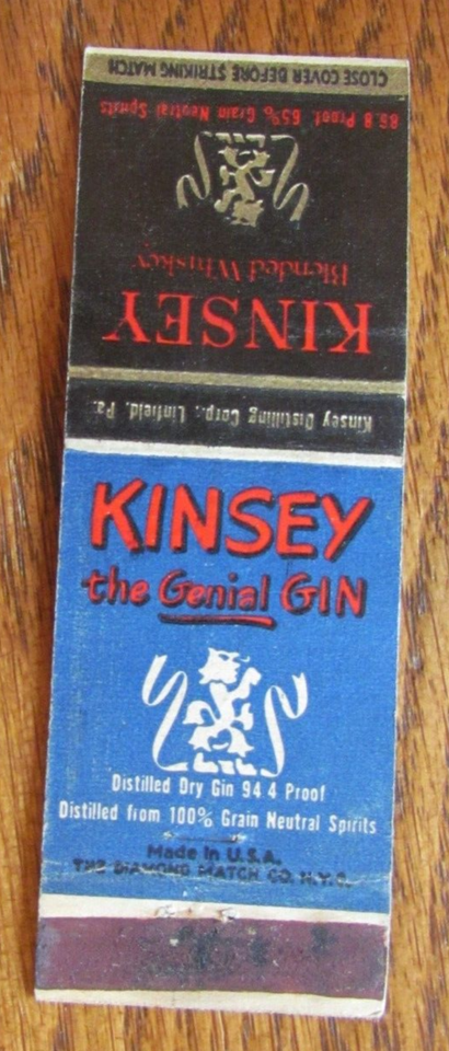 ALCOHOL MATCHBOOK COVER: KINSEY WHISKEY LINFIELD, PA 1940s MATCHCOVER ...