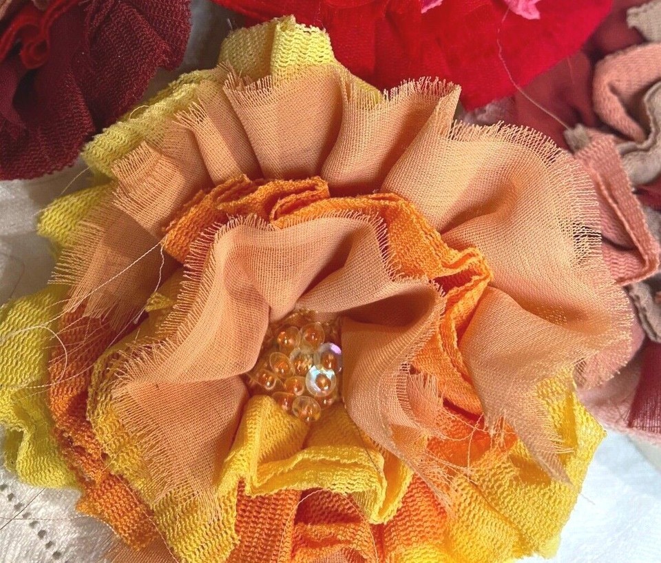 vintage applique boho flower layered netting beads hand sewn 3.5 ...