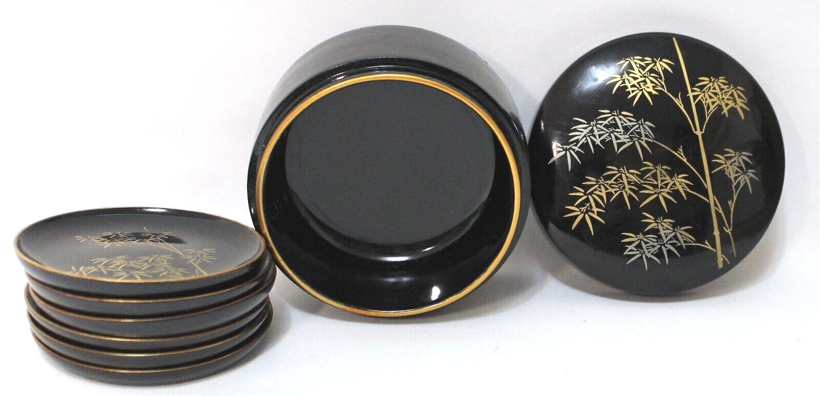 Vintage Coaster Box Set Black Lacquer Gold Bamboo Japan | eBay