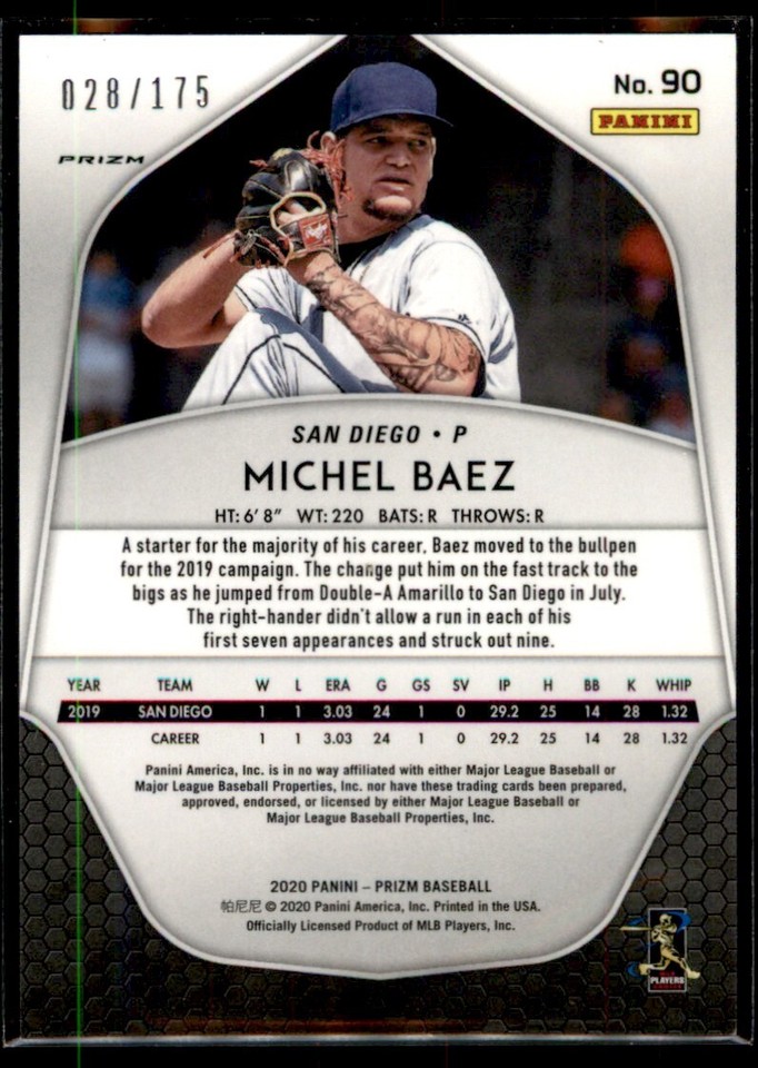 Michel Baez 2020 Panini Prizm Blue Mojo RC Rookie 028/175 #90 San Diego ...