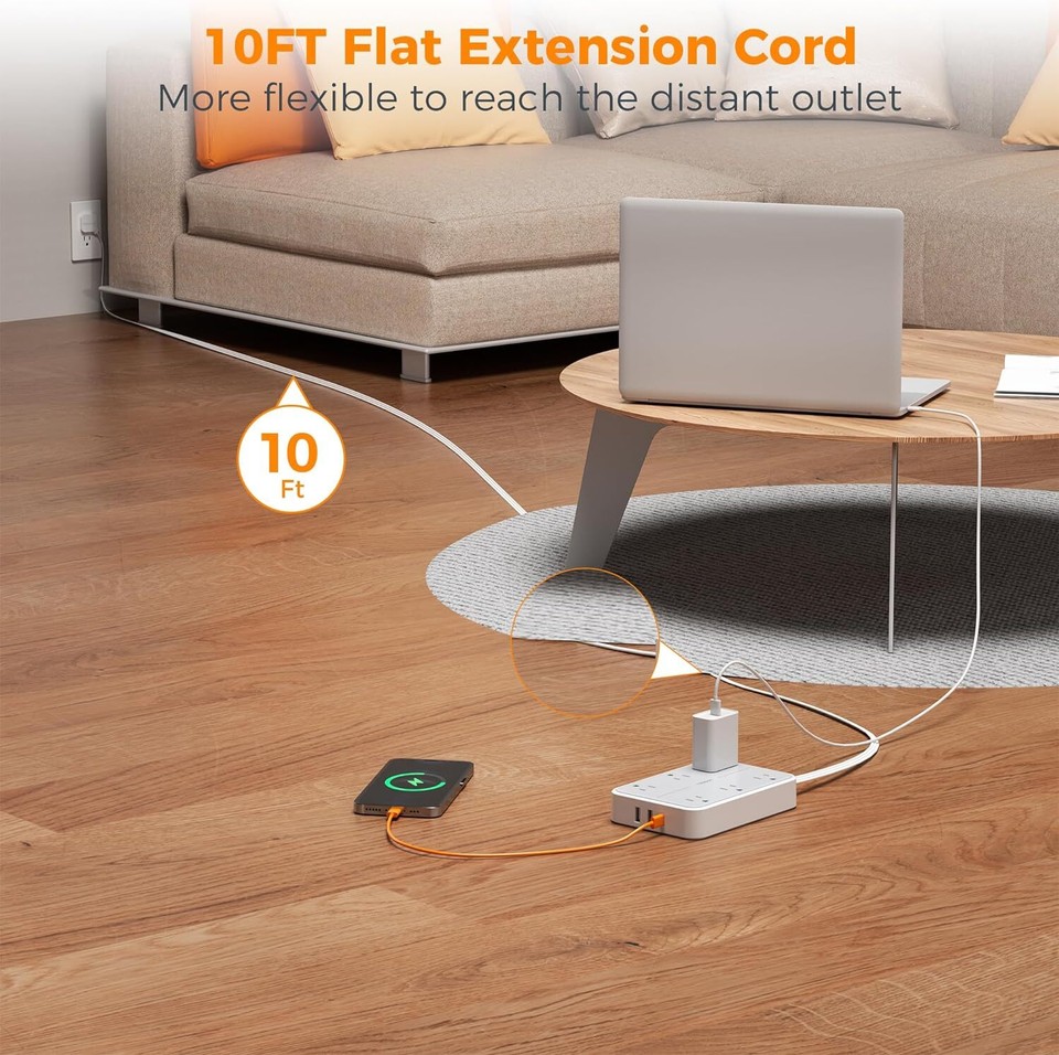10ft Long Extension Cord Power Strip Flat Plug Ultra Thin Plug with 6 ...