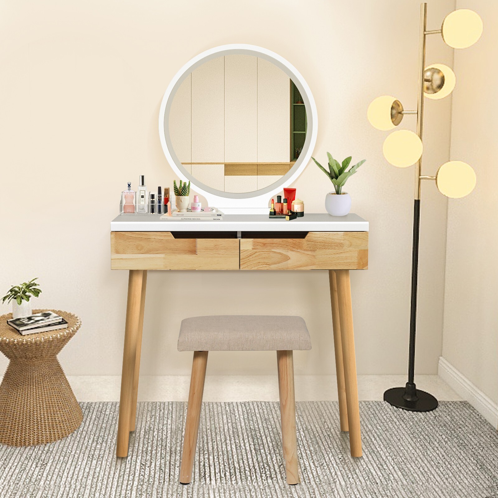 LED Lighted Dressing Table Set Wooden 2 Drawer Modern Make Up Vanity ...