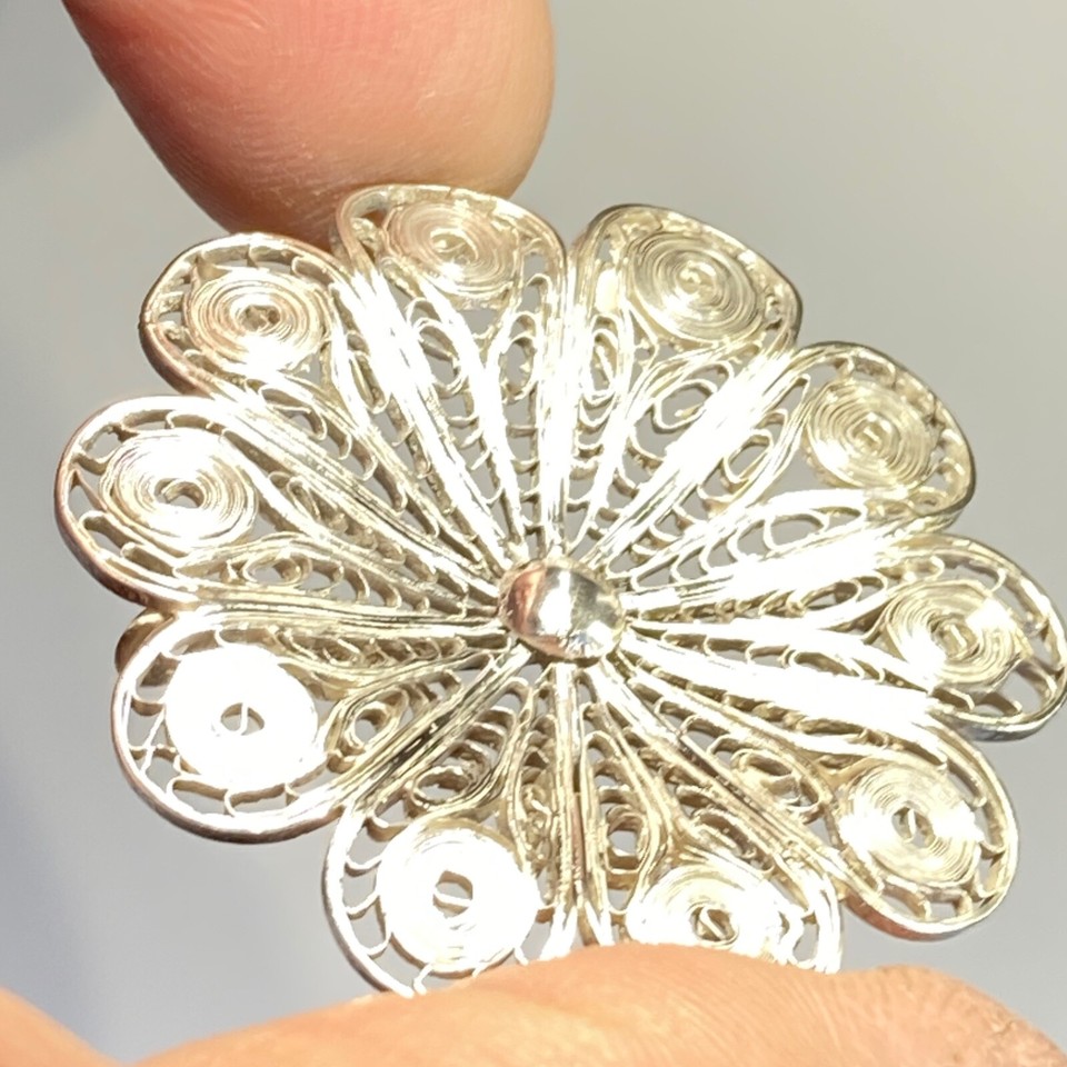 Filigree Flower Brooch Pin Handmade Tested Sterling Silver 925 1 5/8 ...