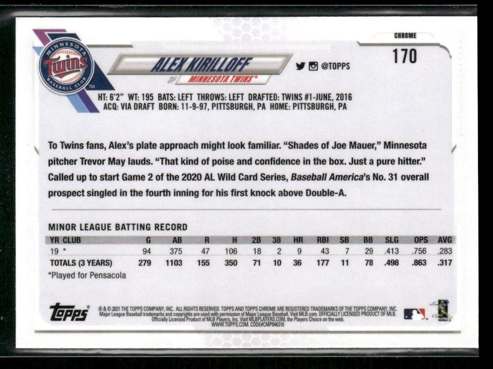 2021 Topps Chrome #170 Alex Kirilloff Prism Refractor Minnesota Twins ...