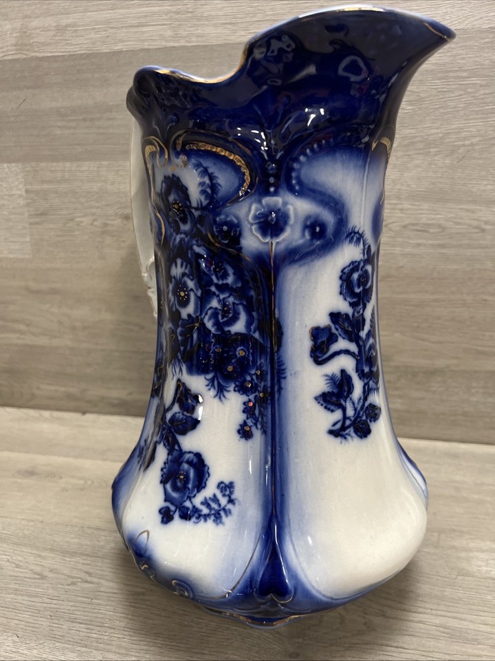 Victorian Blue Floral Gold Trim Wash Pitcher Ewer Antique Ceramic 12 ...