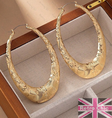 GIANT HOOPS bamboo aztec patterned GOLD FASHION statement LARGE HOOP ...