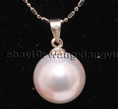 Big 14mm white akoya shell pearl round bead pendant necklace 17" AAA+ ...