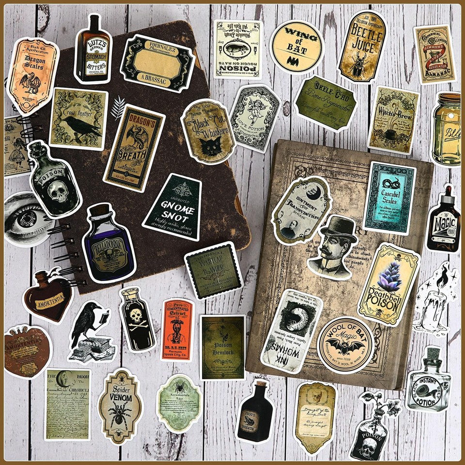JUNEBRUSHS 324 Pcs Potion Labels, Vintage Gothic Aesthetic Dark Black ...