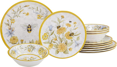 Bee Sweet 12 Piece Melamine Dinnerware Set, Service for 4, Multicolor ...
