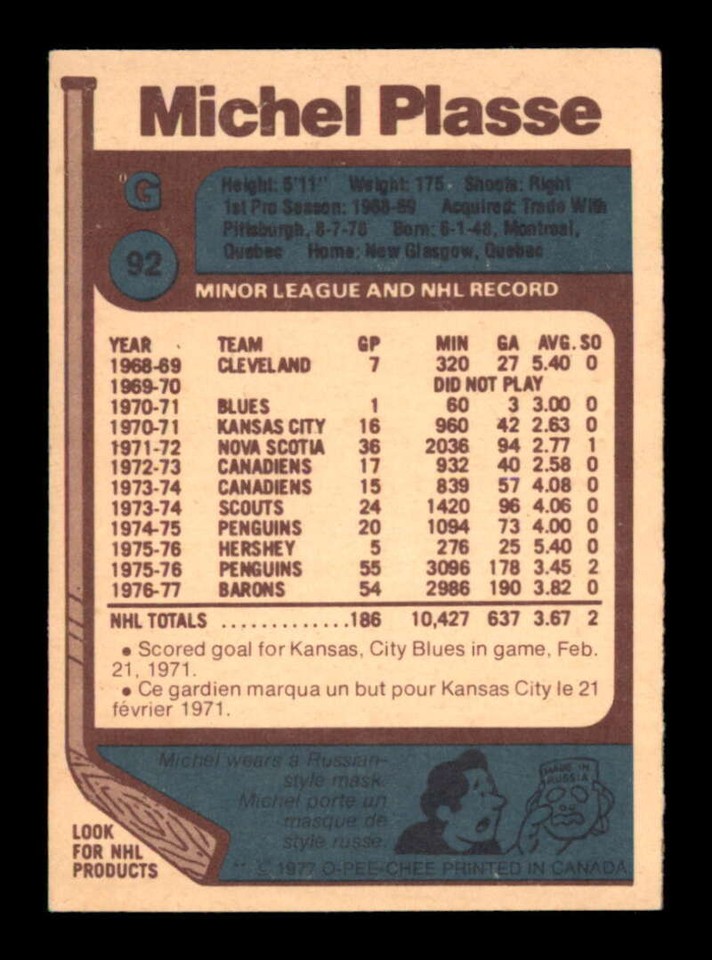1977 O-Pee-Chee NHL #92 Michel Plasse EX/EX+ X2911205 | eBay