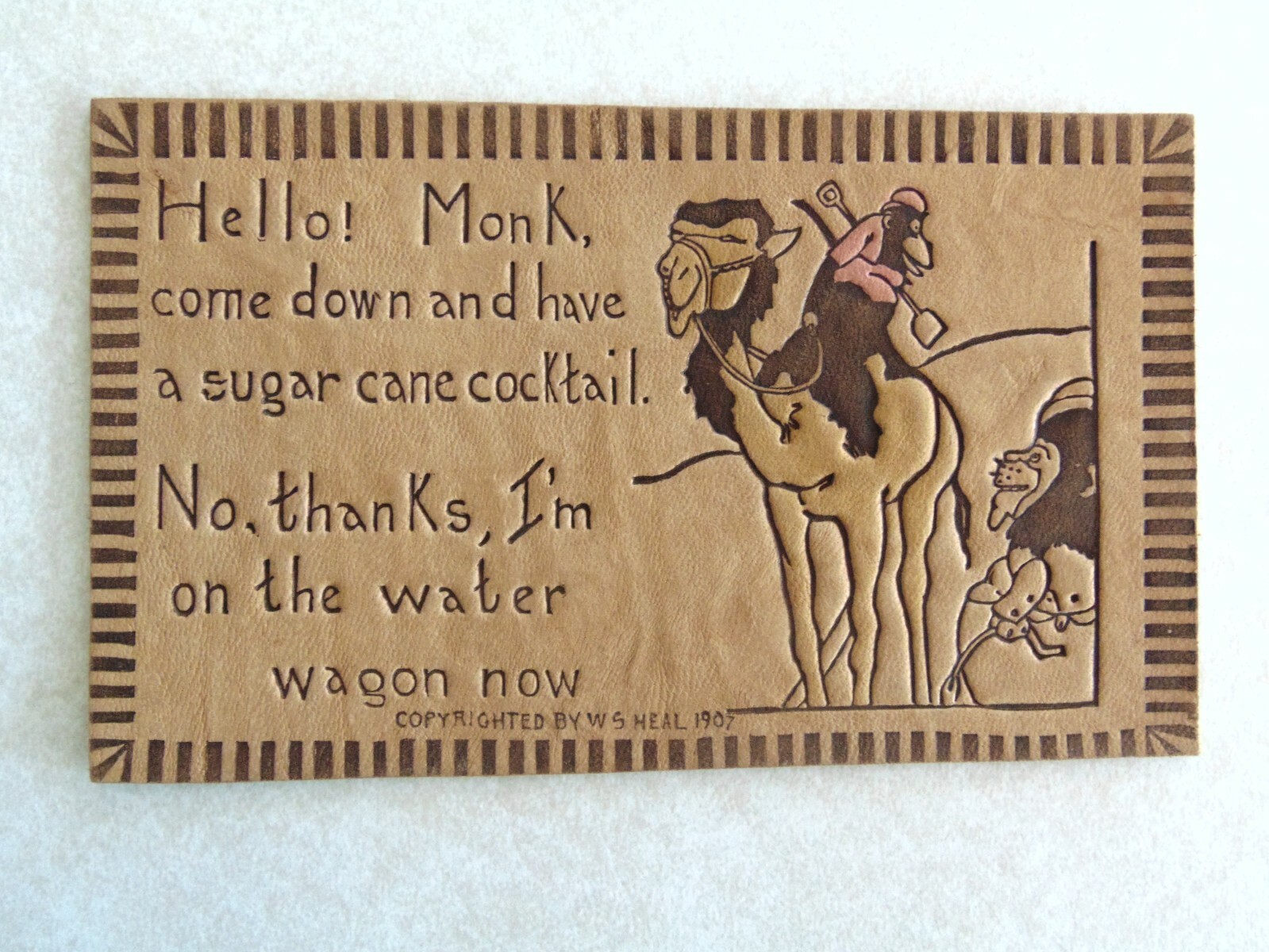 D1317 Postcard Leather Monkey sugar cane cocktail water wagon now camel ...