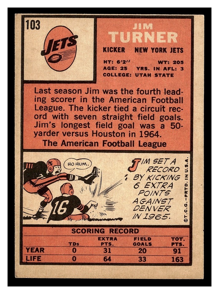 1966 TOPPS JIM TURNER #103 NEW YORK JETS HIGHER GRADE NO CREASES LOOKS ...
