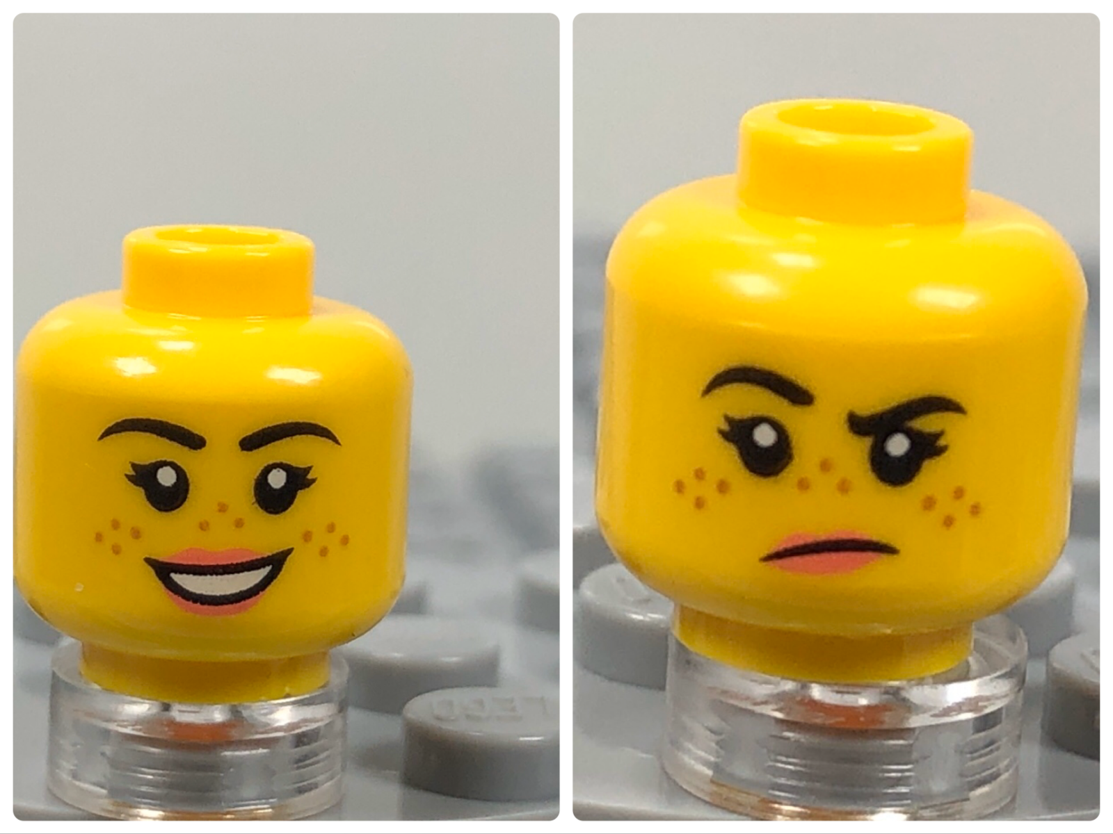 LEGO Female Minifigure Head Freckles, Pink Lips Grumpy & Smile Dual ...