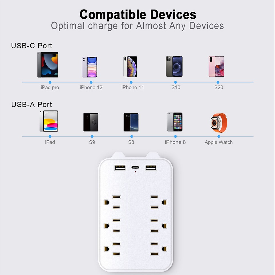 6 Outlet Extender Surge Protector Multi Plug Wall Adapter 9 in 1 w ...
