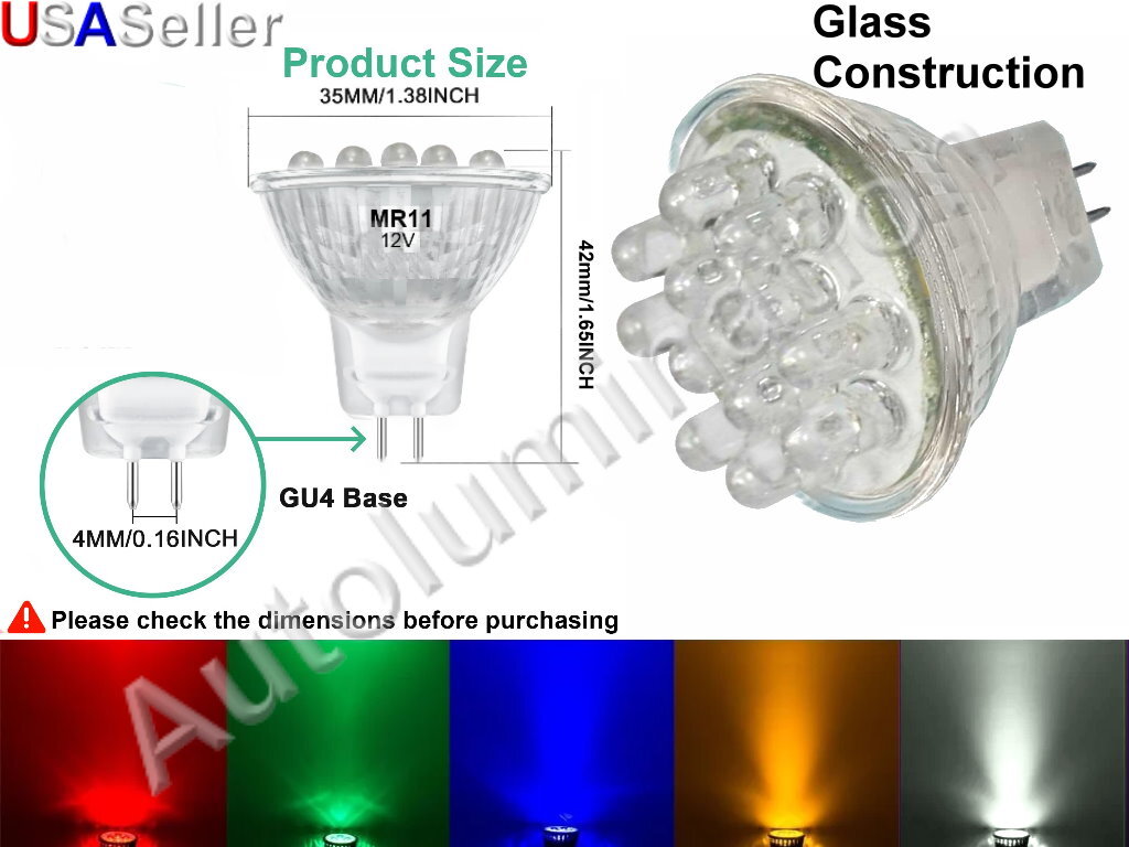 MR11 GU4 12 Led Light Bulbs Lamps Red Amber Green White Blue 12v Volt ...