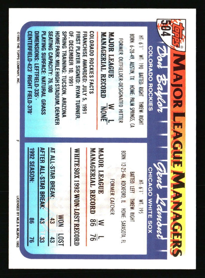 Gene Lamont/Don Baylor MGR 1993 Topps #504 Baseball Card | eBay