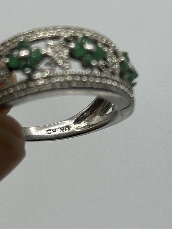 Vtg CC Sterling Silver 925 Filigree Green Emerald Diamond FlowerBand ...