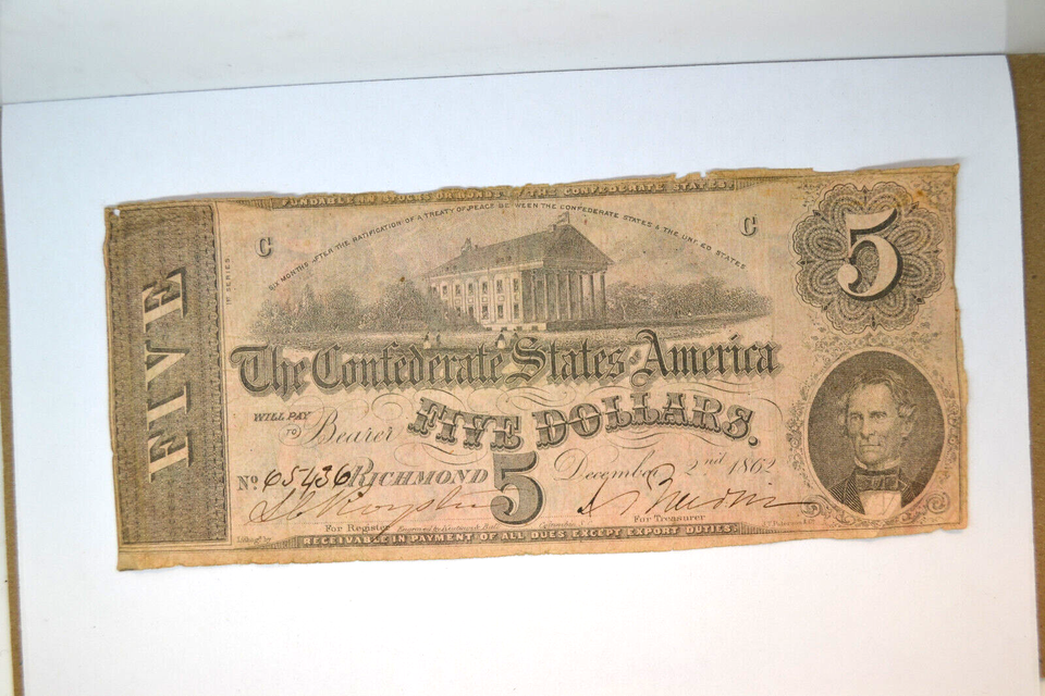 $5 Confederate Note- T53- December 2, 1862- Fine with a few small ...