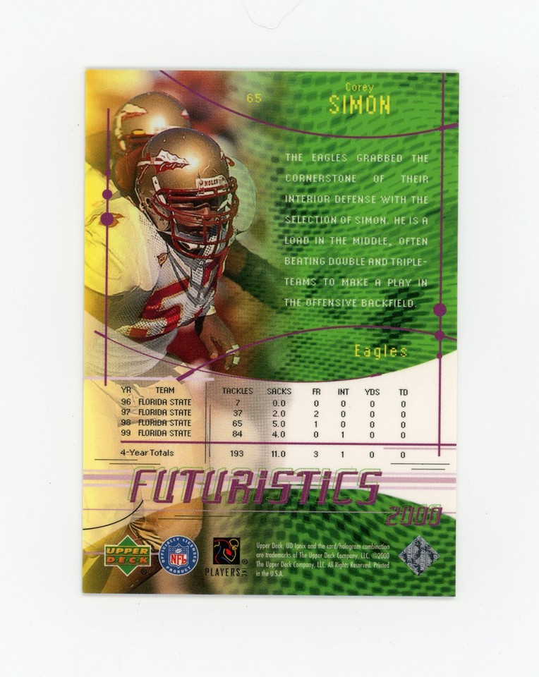 COREY SIMON 2000 Upper Deck UD Ionix Rc #1334/2000 Philadelphia Eagles ...