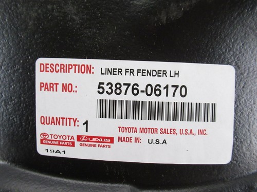 Genuine OEM Toyota 53876-06170 Driver Front Fender Liner 2012-2014 ...
