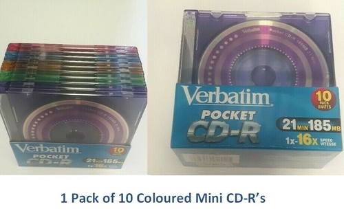 Verbatim CD-R 10 x Pocket Neon 21min 185MB 1x-16x Mini Media Jewel Disc ...