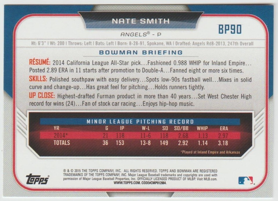 2015 Bowman Prospects #BP90 Nate Smith 1st - Los Angeles Angels | eBay